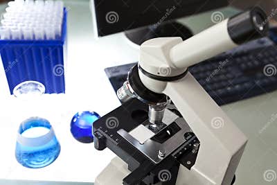 Microscope & Computer in Science Laboratory Stock Photo - Image of ...