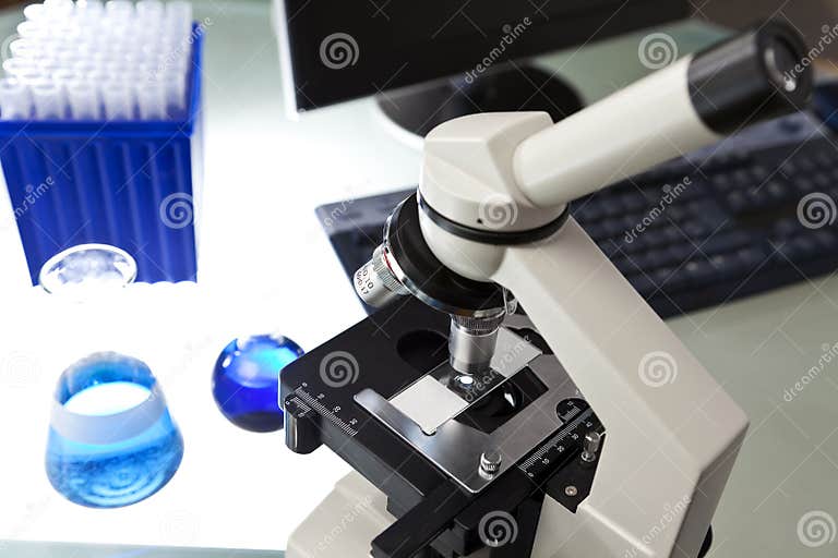 Microscope & Computer in Science Laboratory Stock Photo - Image of ...