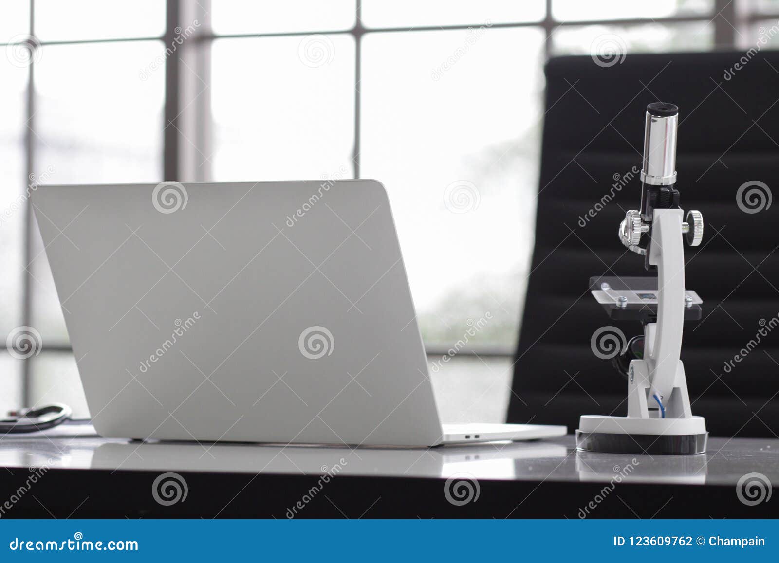 Microscope and Computer at Working Room. Science Concept. Stock Photo ...