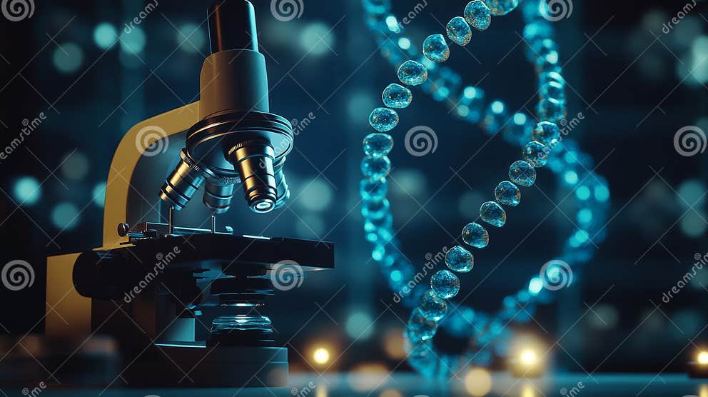 Microscope and DNA Model in Advanced Research Visualization Stock Photo ...