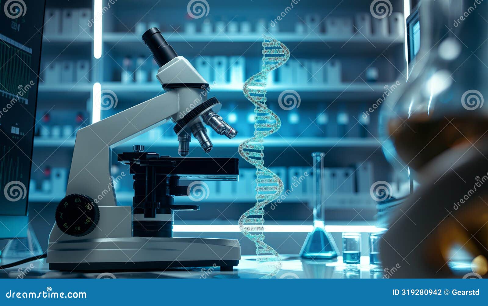 Microscope with DNA Strand in Modern Laboratory Stock Photo - Image of ...