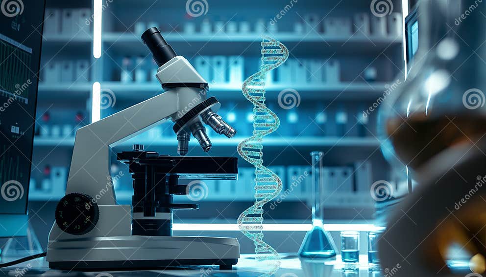 Microscope with DNA Strand in Modern Laboratory Stock Photo - Image of ...