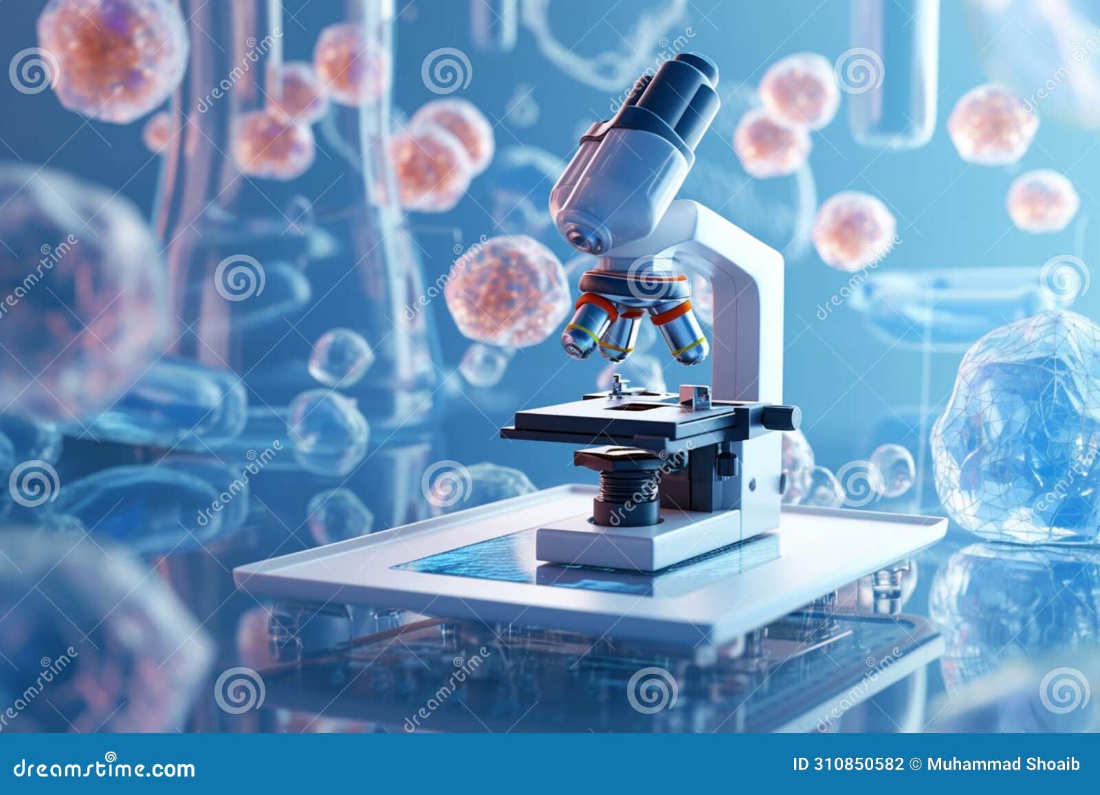 Microscope Examining Intricate Details of Transparent Cell in 3D Render ...
