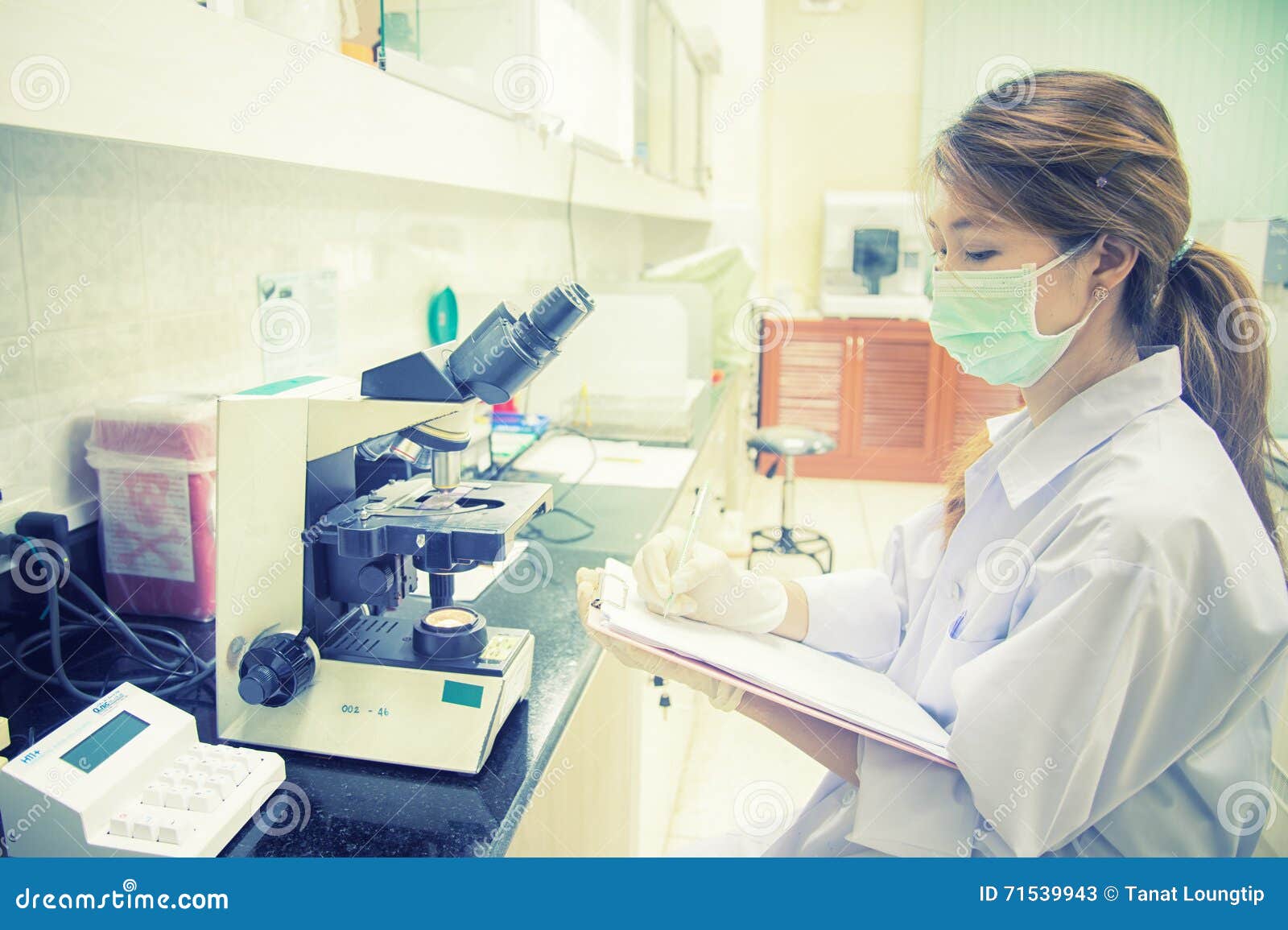 Microscope, Examining Samples and Liquid. Medical Research Stock Image ...