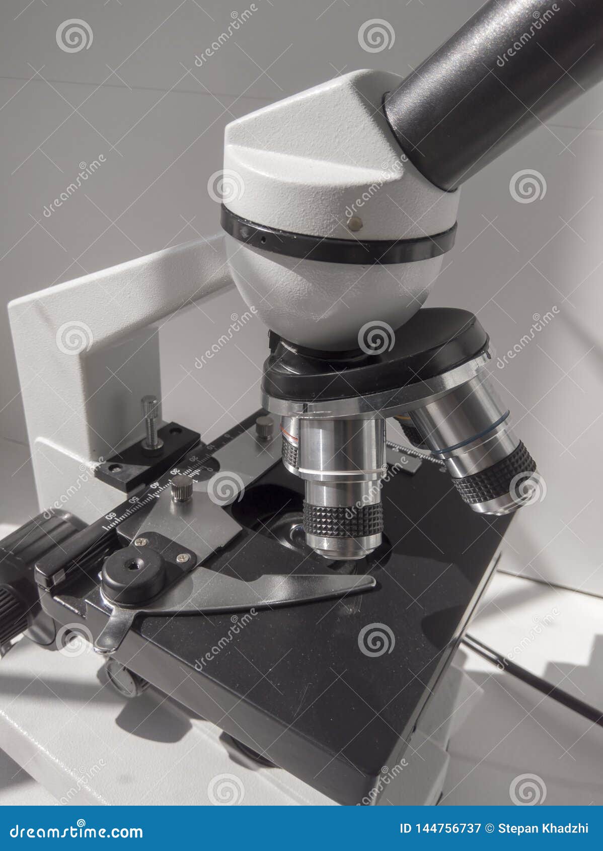 Microscope, Examining Samples and Liquid. Technical Equipment Stock ...