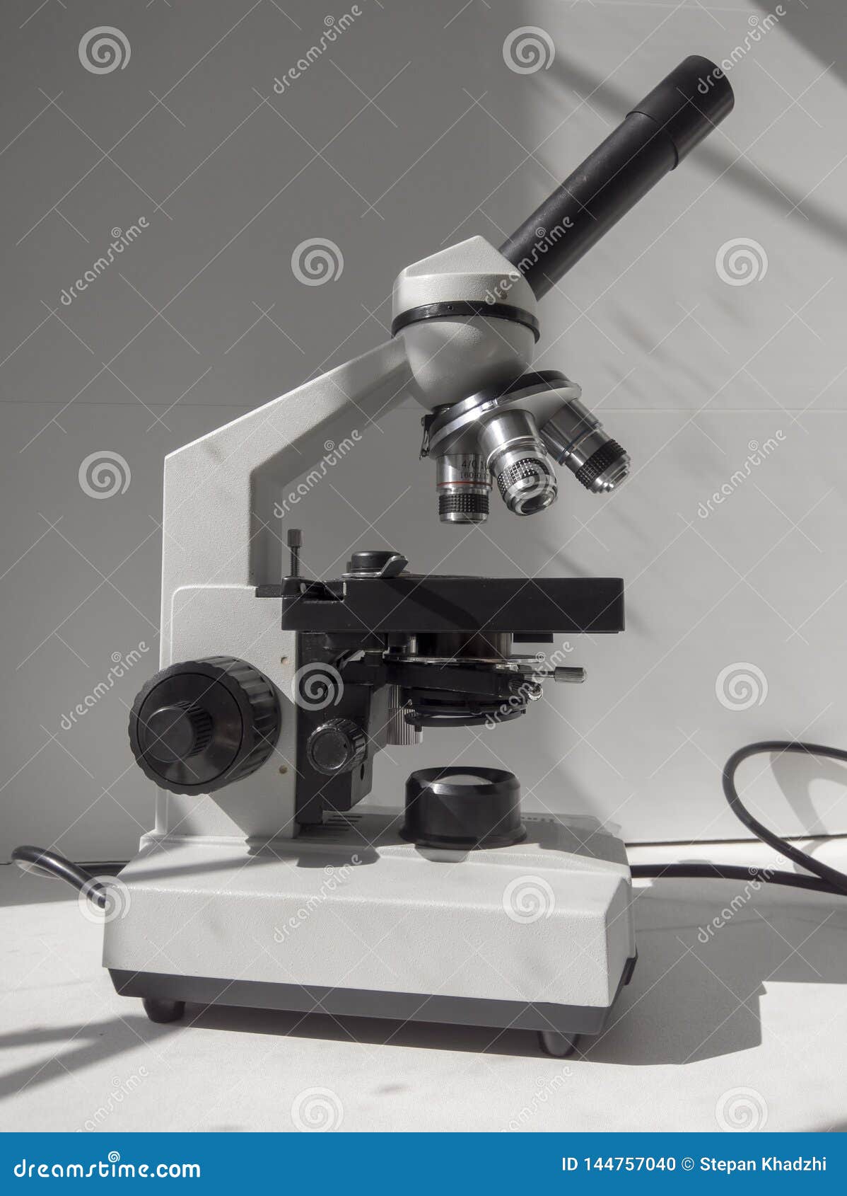 Microscope, Examining Samples and Liquid. Technical Equipment Stock ...