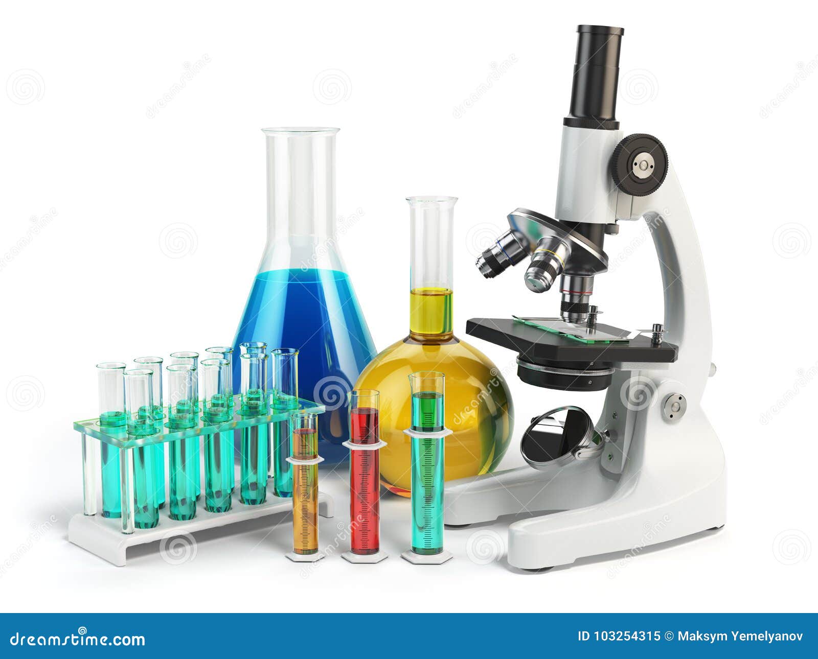 Microscope with Flasks and Vials. Chemistry Labratory Tools Stock ...