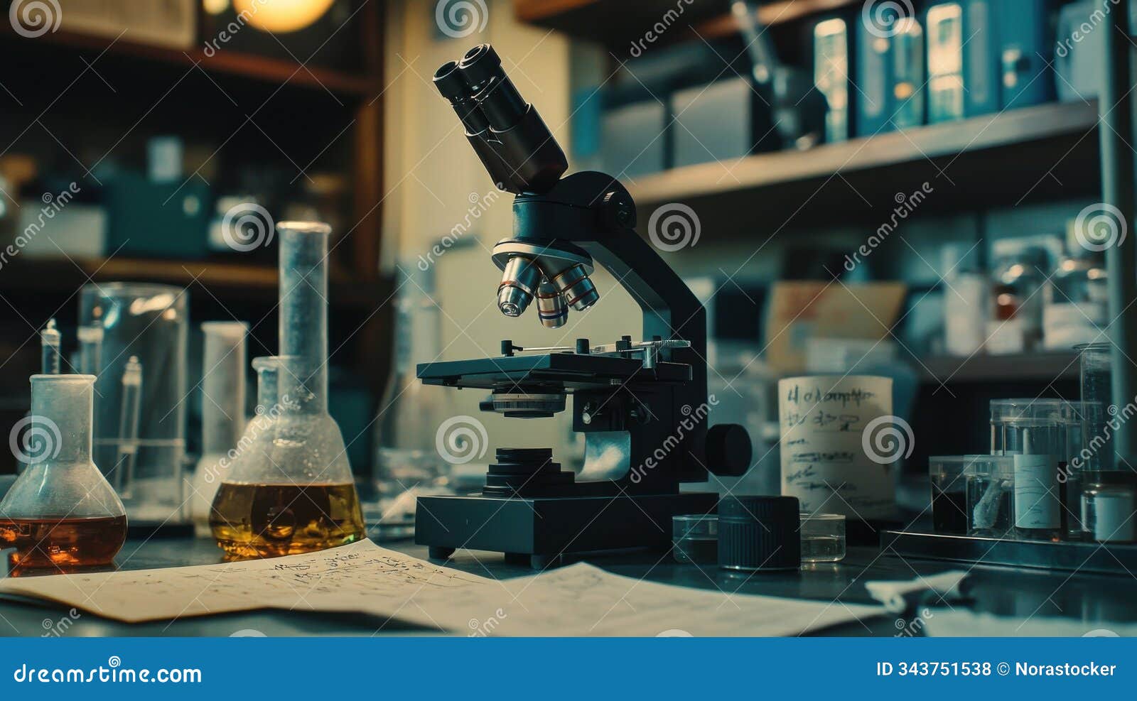 The Boy With A Microscope And Various Colorful Flasks On A White ...