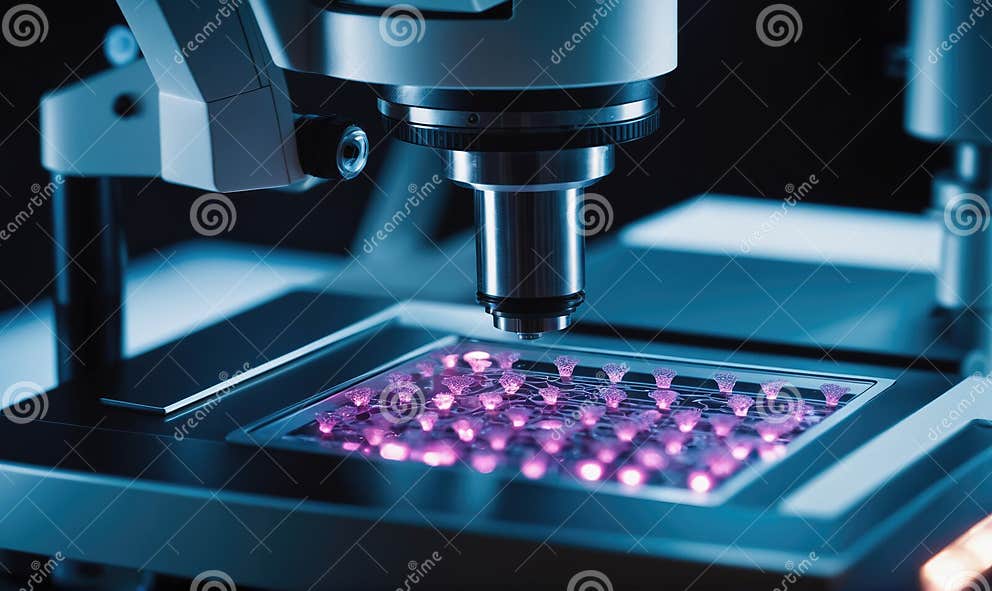 A Microscope is Focused on a Grid of Small, Glowing Pink Samples Stock ...