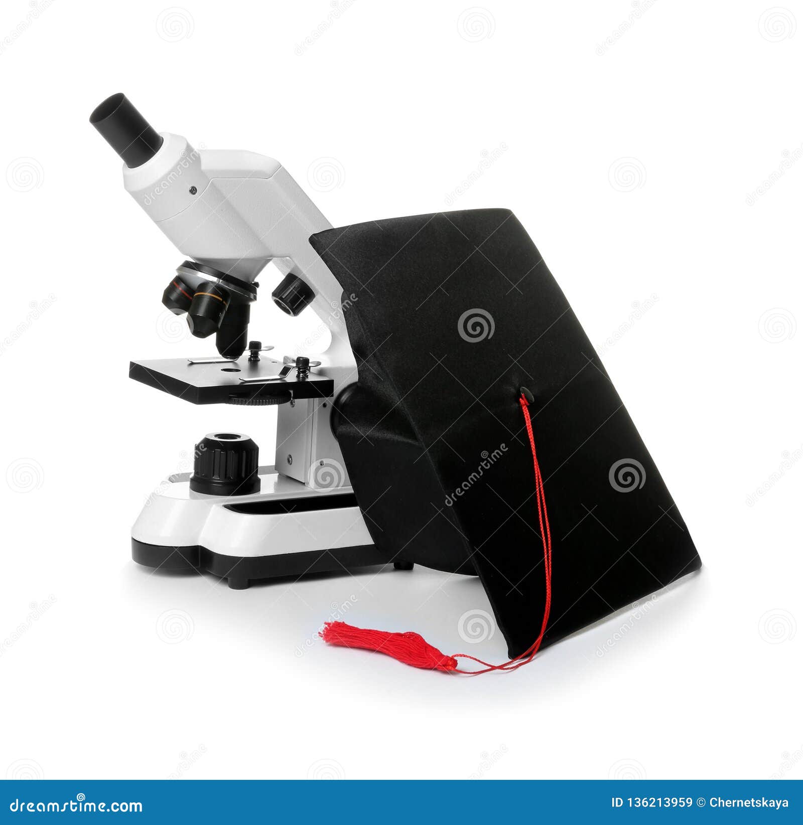 Microscope and Graduation Hat Isolated on White Stock Image - Image of ...