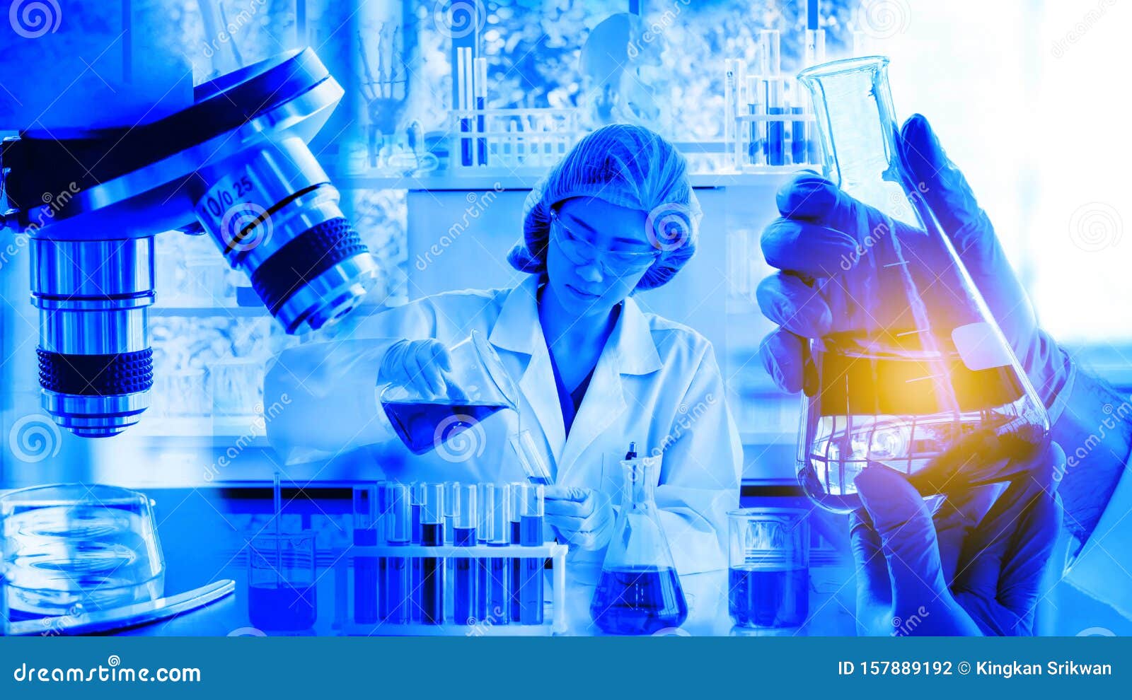 Microscope With Hand Holding Flask, Young Woman Scientist Or Chemist ... Microscope With Hand Holding Flask, Young Woman Scientist Or Chemist ...