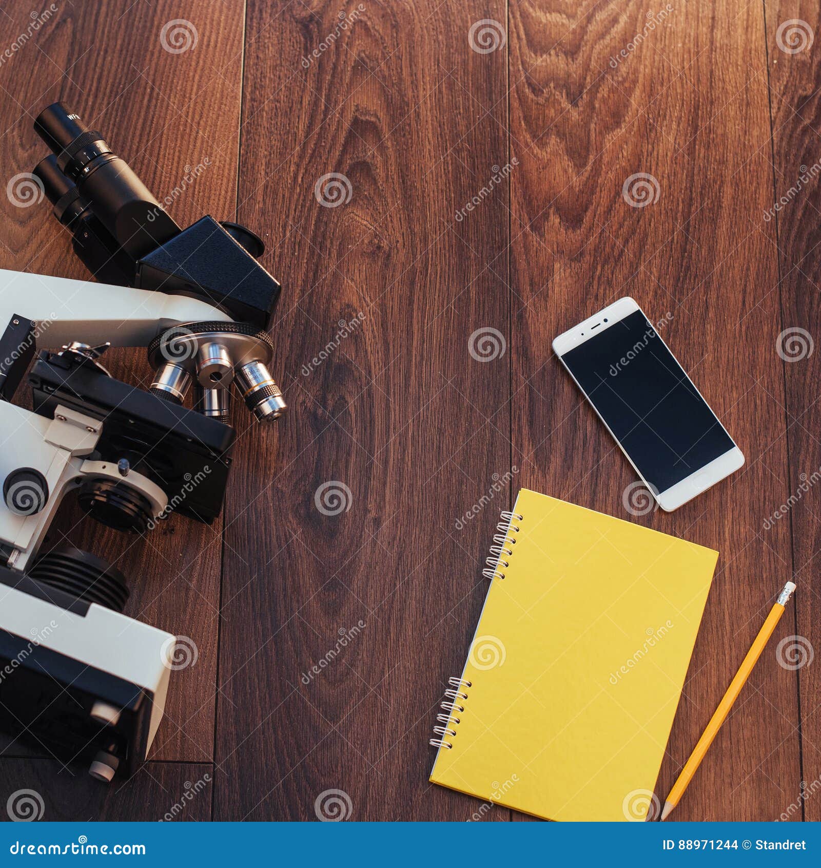 Microscope Image Notebook and Phone Close-up. Stock Photo - Image of ...