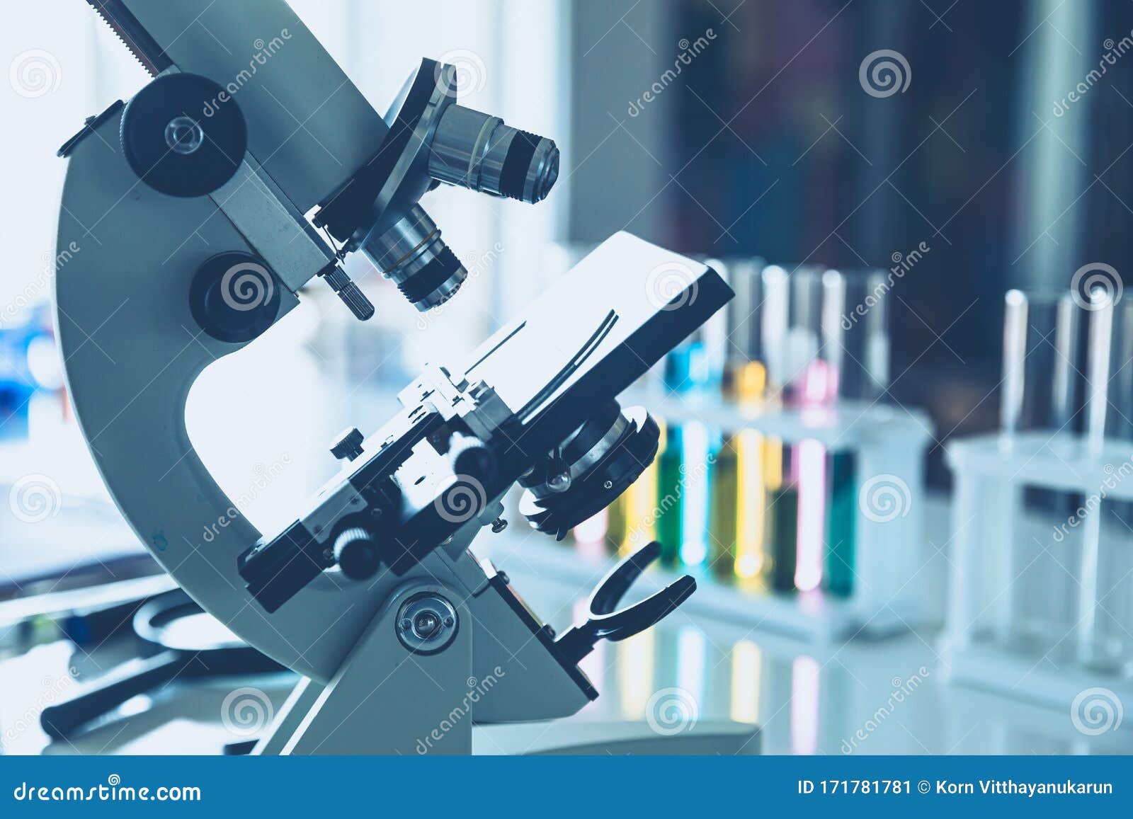 Microscope Instruments in Science Laboratory Blue Color Tone Background ...