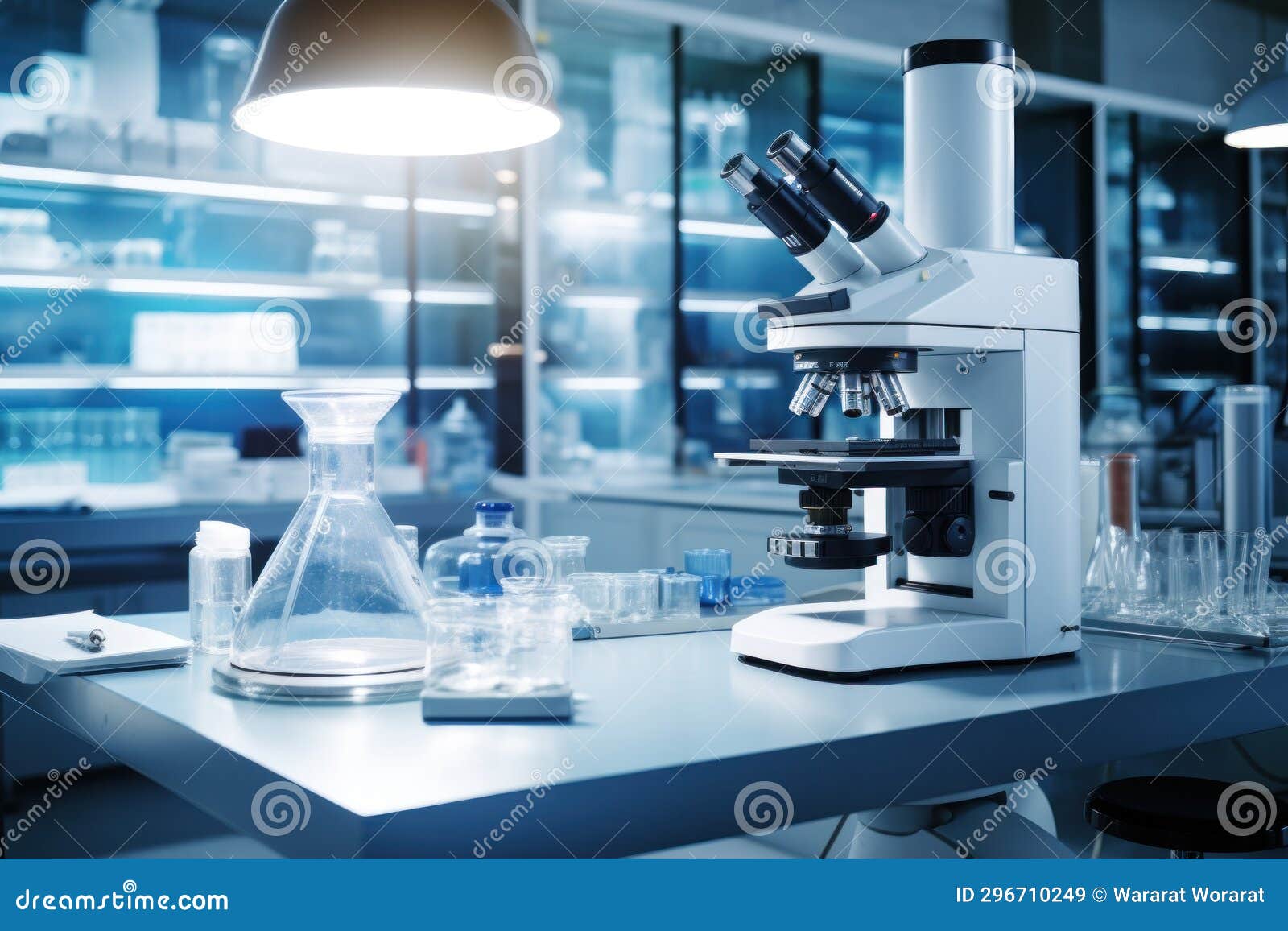 A Microscope with Lab Glassware in Modern Medical Laboratory Stock ...
