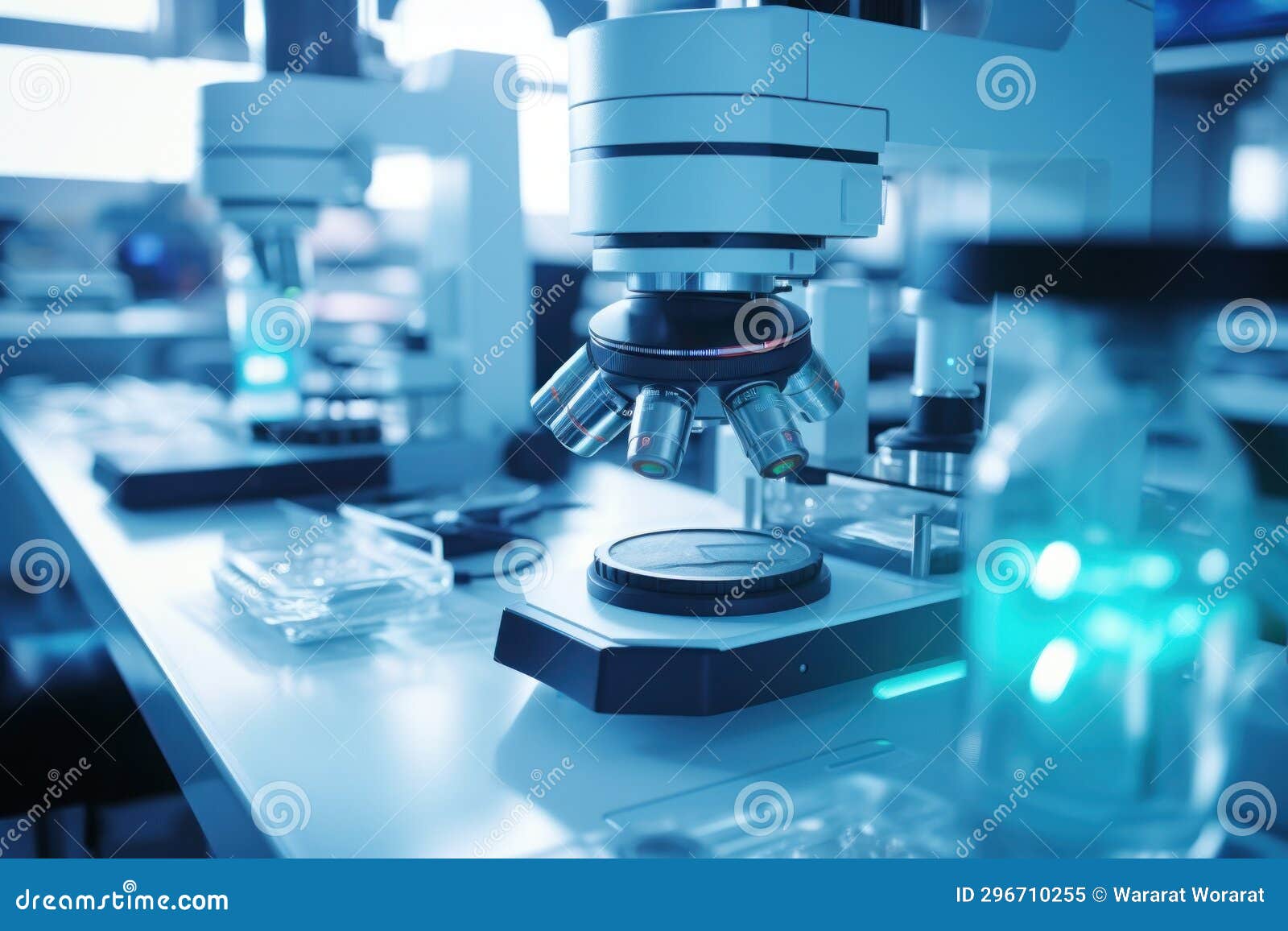 A Microscope with Lab Glassware in Modern Medical Laboratory Stock ...