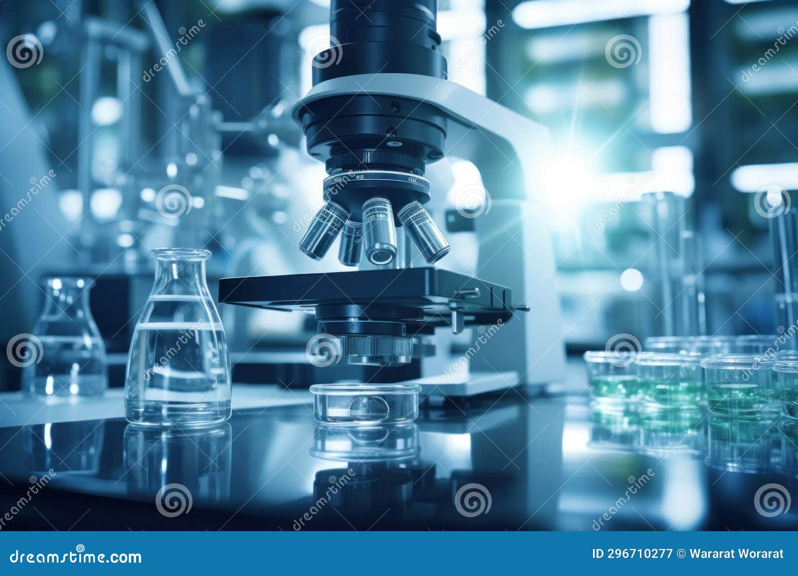 A Microscope with Lab Glassware in Modern Medical Laboratory Stock ...