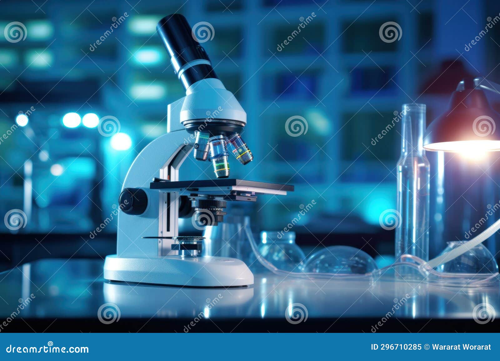 A Microscope with Lab Glassware in Modern Medical Laboratory Stock ...