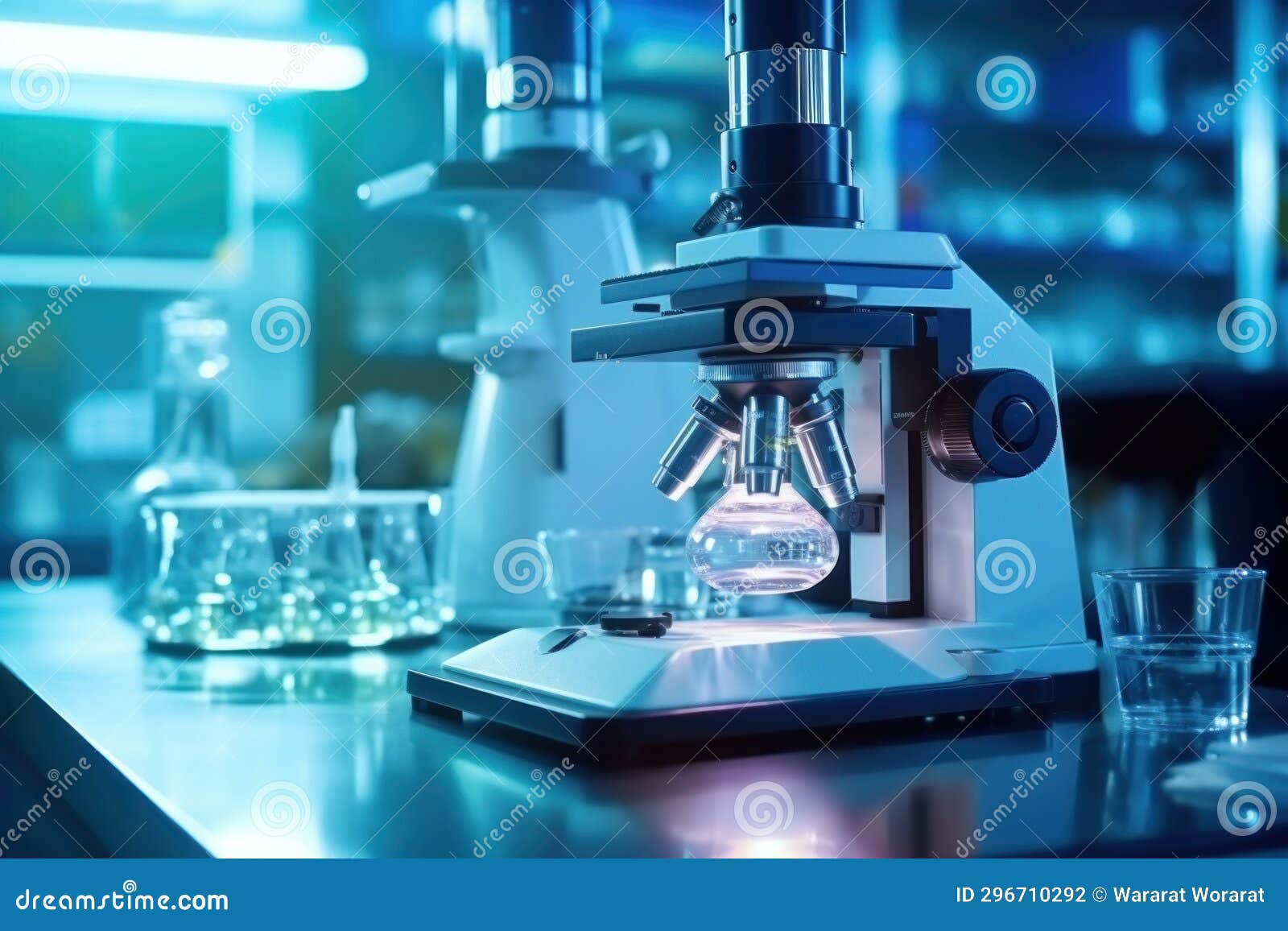 A Microscope with Lab Glassware in Modern Medical Laboratory Stock ...