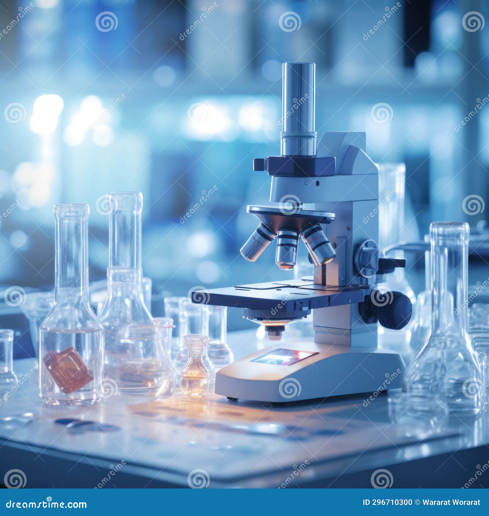 A Microscope with Lab Glassware in Modern Medical Laboratory Stock ...