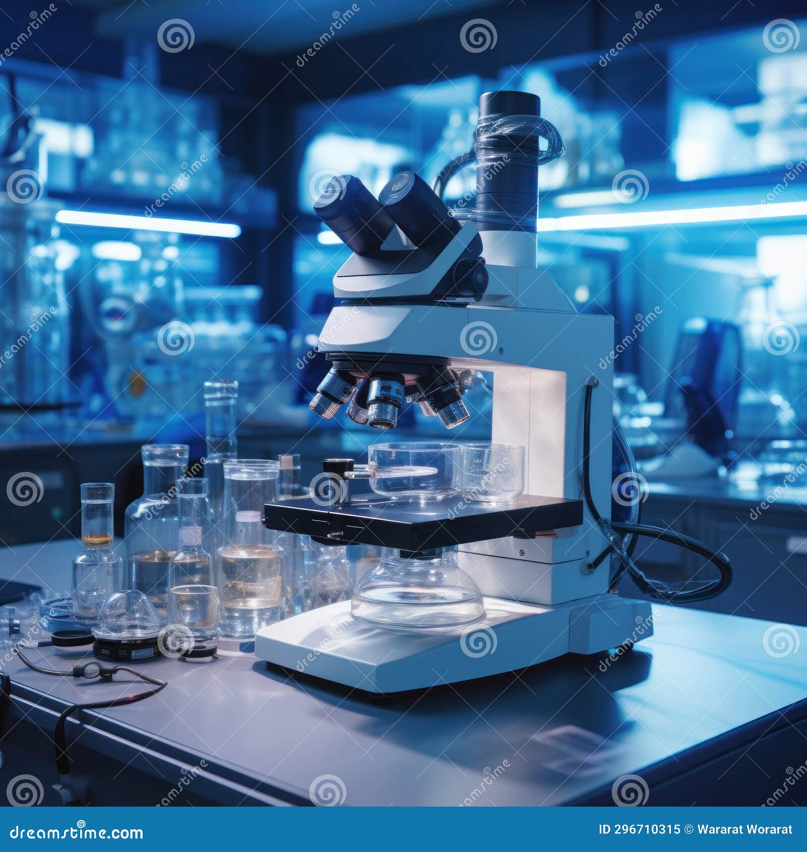 A Microscope with Lab Glassware in Modern Medical Laboratory Stock ...