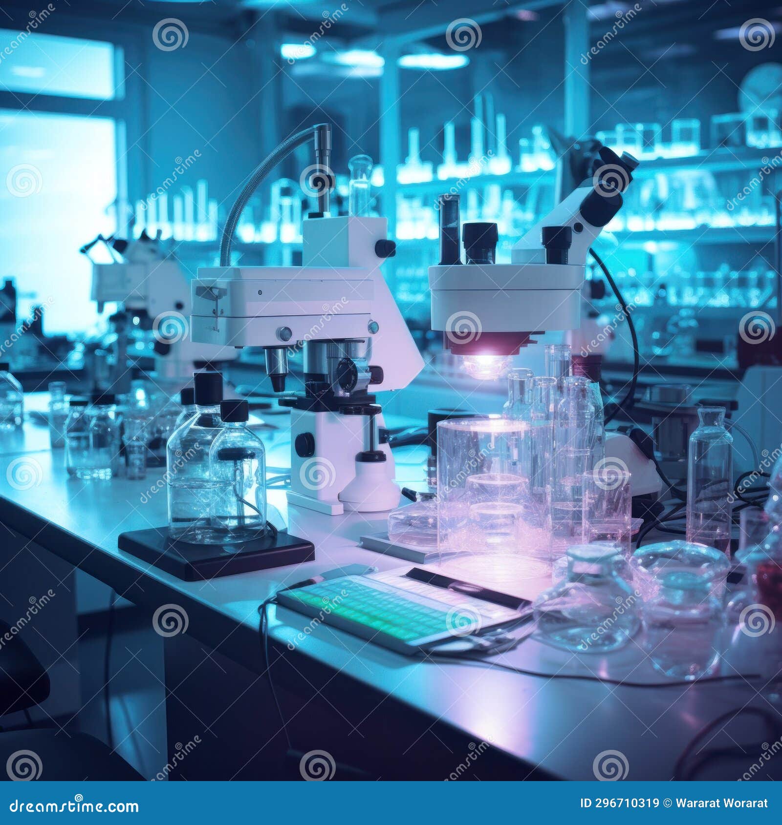 A Microscope with Lab Glassware in Modern Medical Laboratory Stock ...