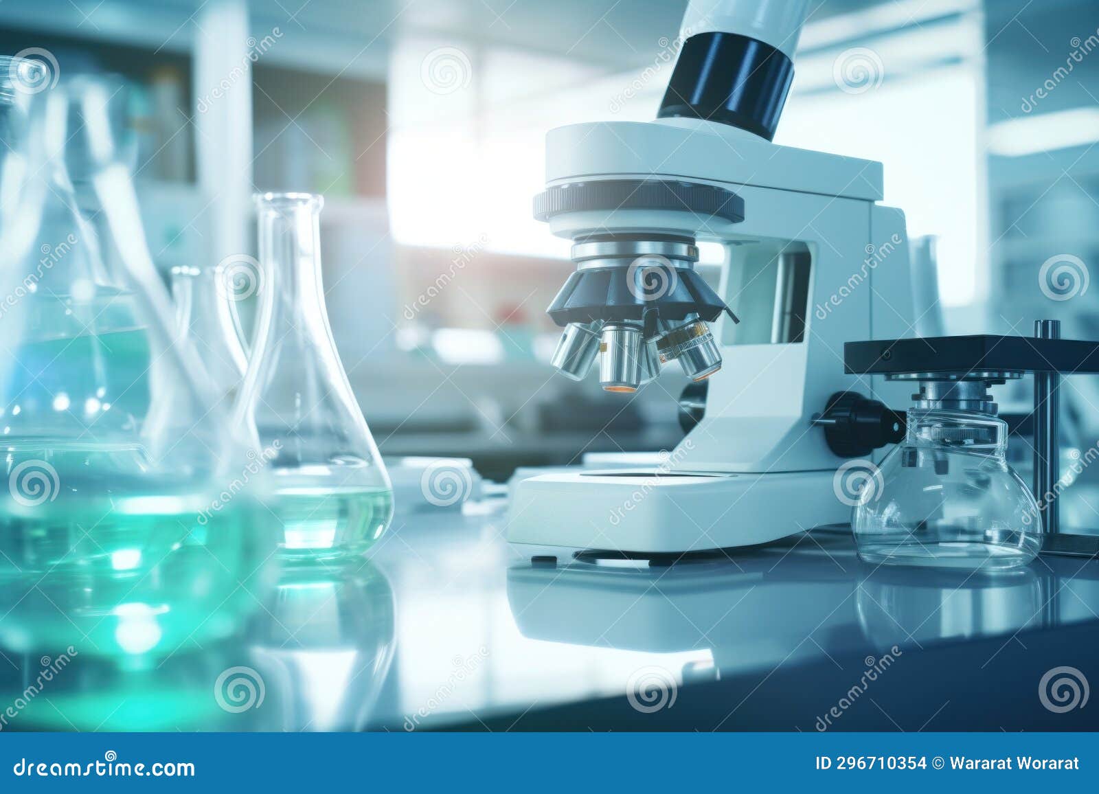 A Microscope with Lab Glassware in Modern Medical Laboratory Stock ...