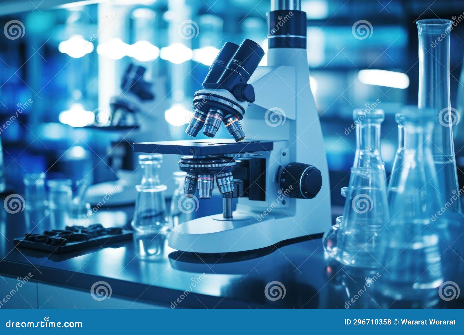 A Microscope with Lab Glassware in Modern Medical Laboratory Stock ...