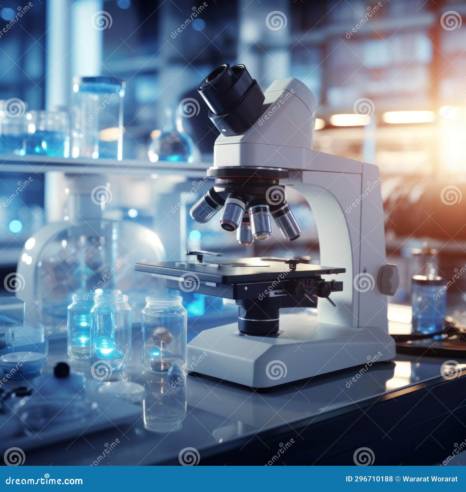 A Microscope with Lab Glassware in Modern Medical Laboratory Stock ...