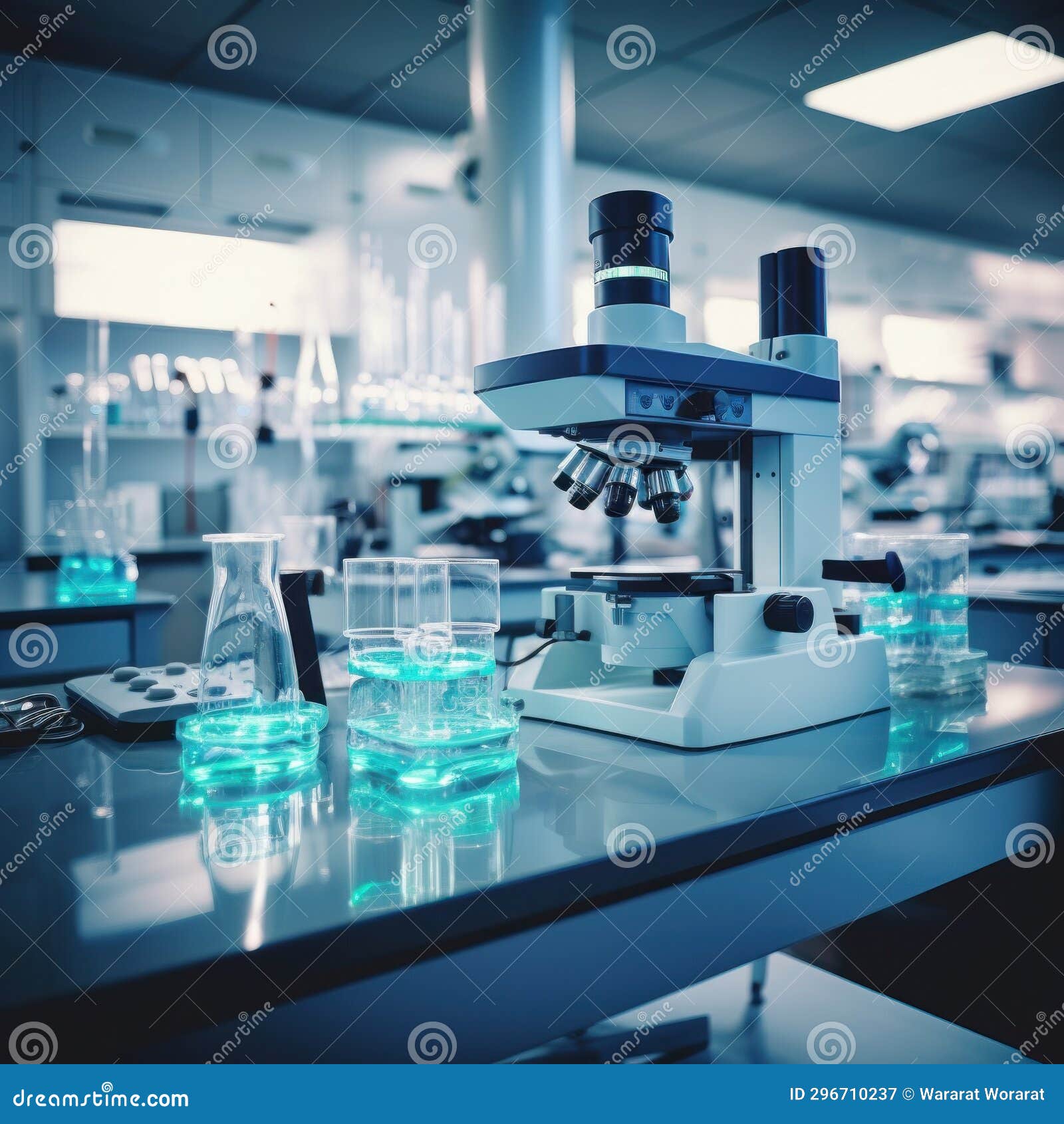 A Microscope with Lab Glassware in Modern Medical Laboratory Stock ...