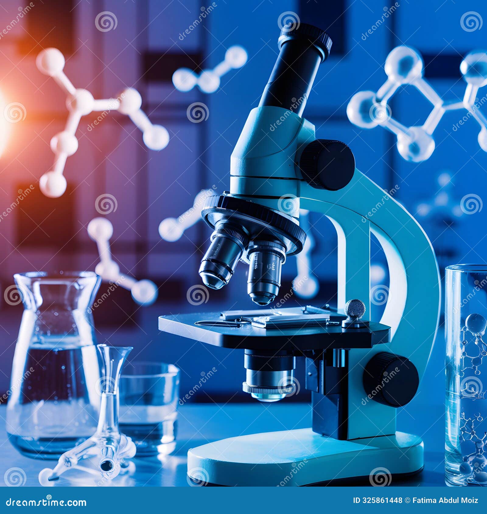 Microscope in Lab with Glassware and Molecular Structures, Blue Hues ...