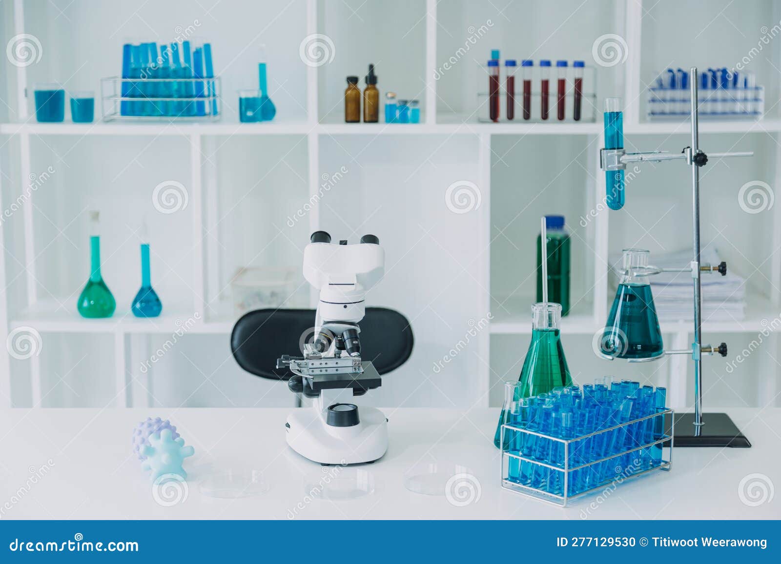 Microscope with Lab Glassware, Science Laboratory Research and ...