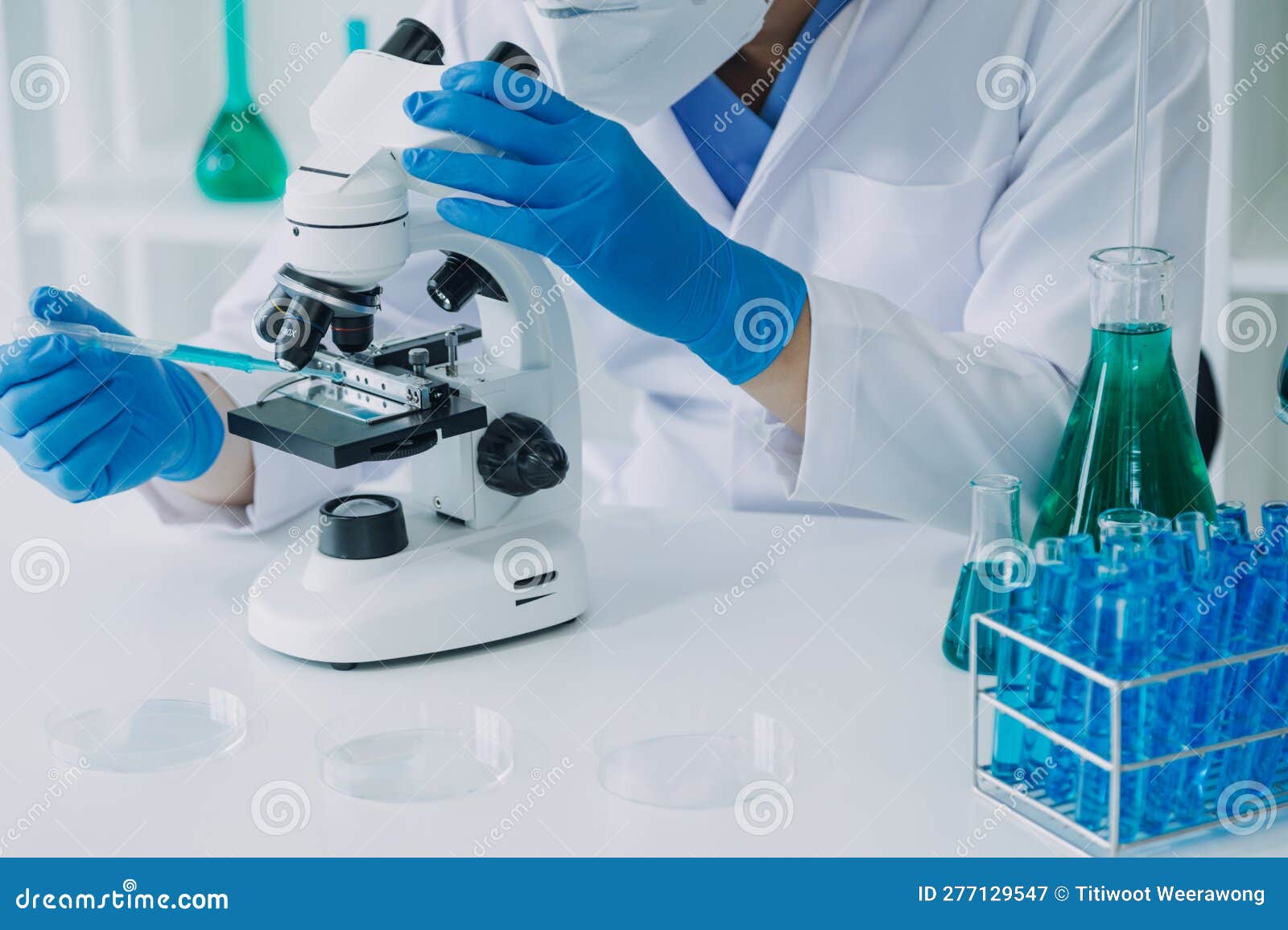 Microscope with Lab Glassware, Science Laboratory Research and ...