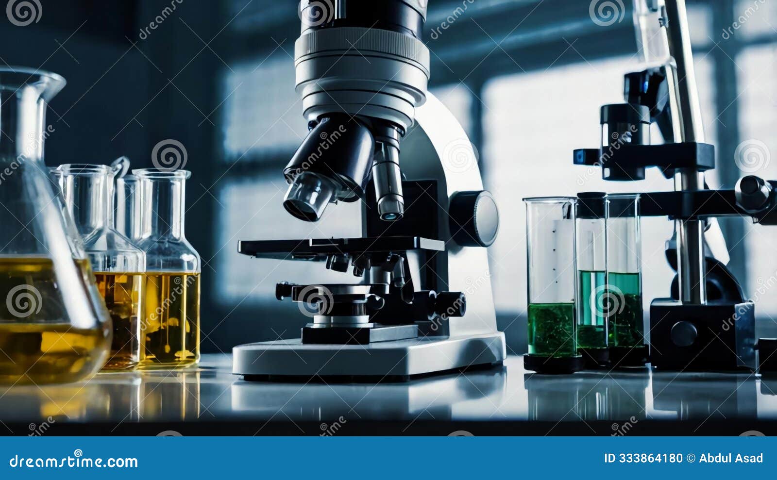 Microscope with Lab Glassware, Science Laboratory Research and Development Concept Stock ...