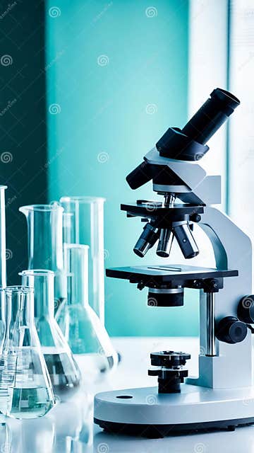 Microscope with Lab Glassware, Science Laboratory Research and ...