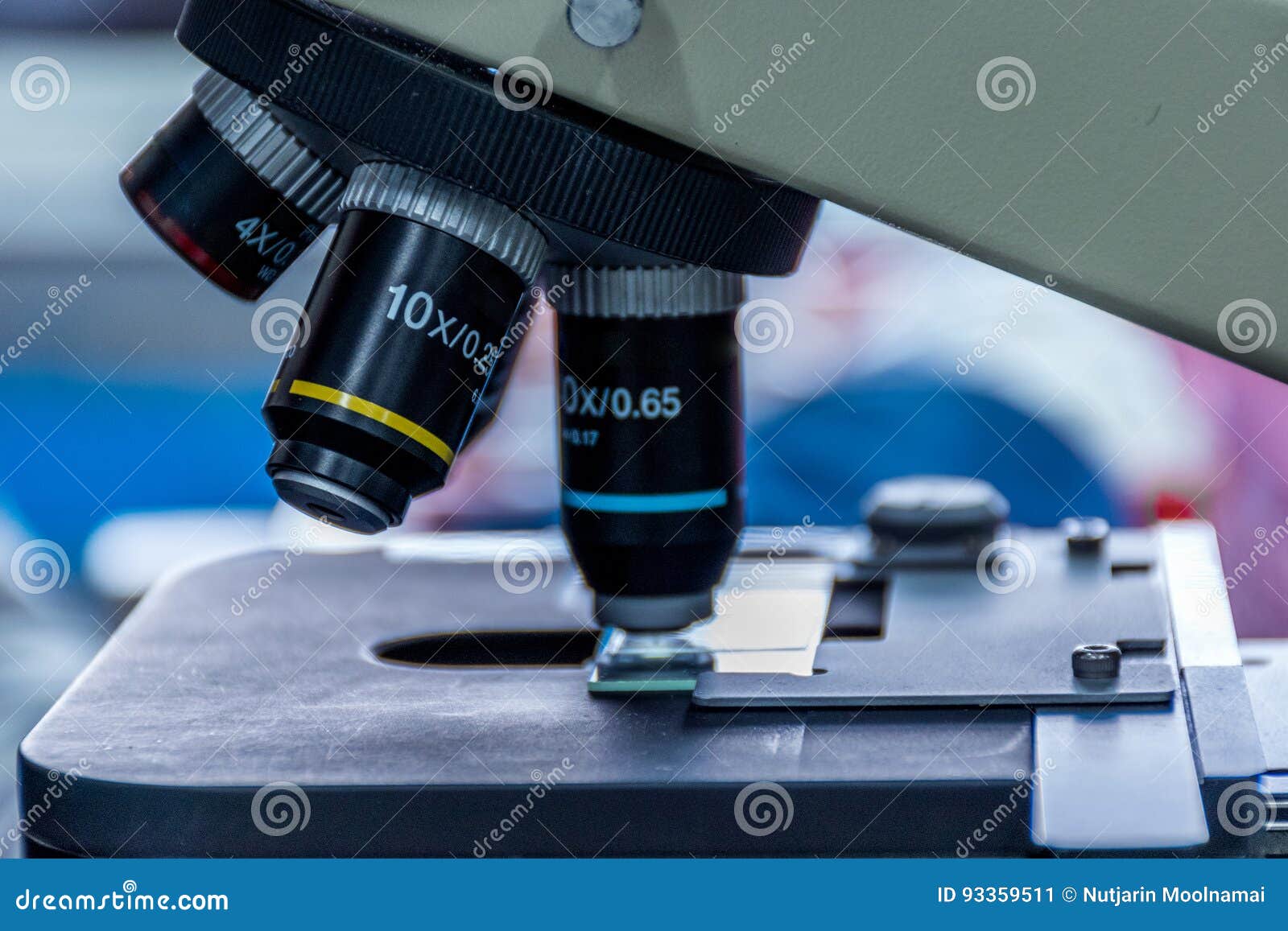 Microscope in laboratory stock image. Image of explore - 93359511