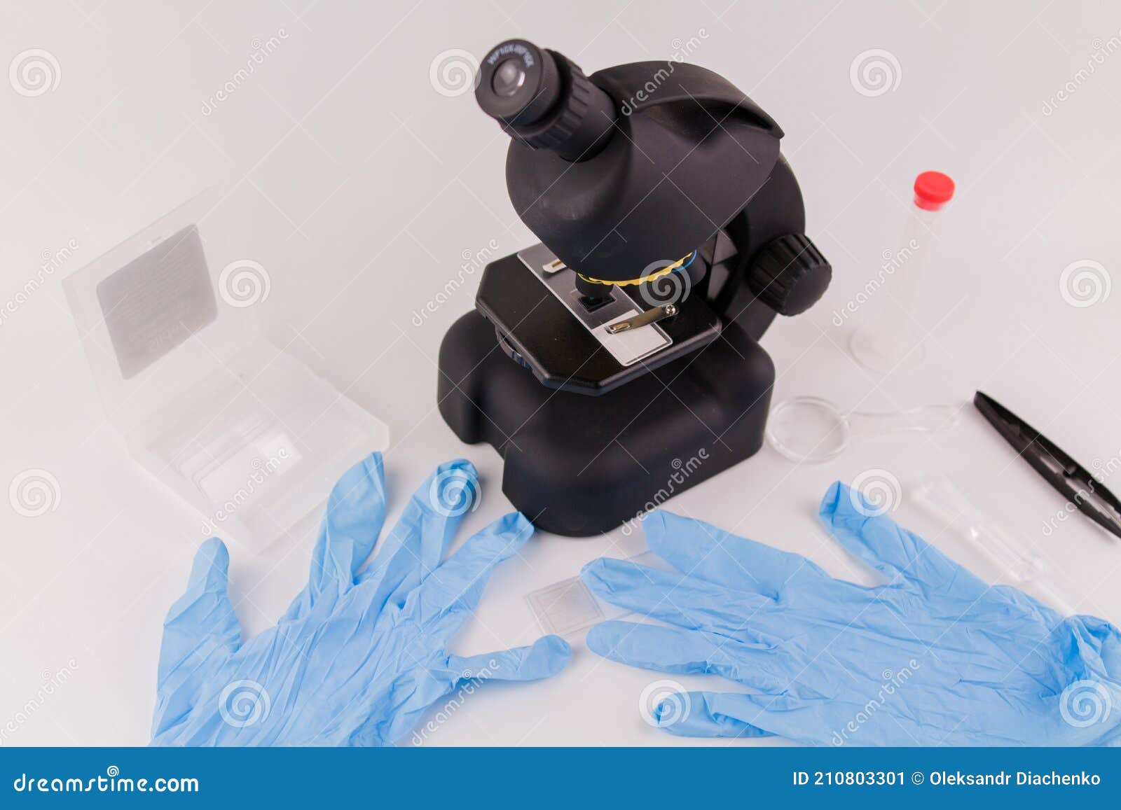 Microscope in the Laboratory with Medical Gloves on the Table Stock ...