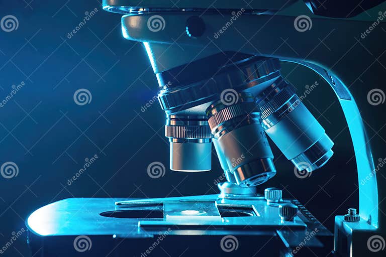 Microscope in Laboratory at Night. Microbiology and Research Concept ...