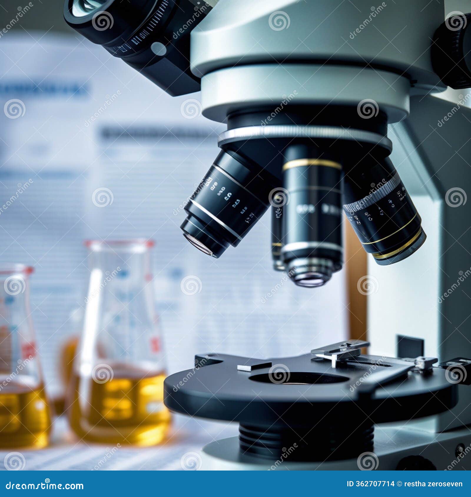 Close-up of a Microscope in a Laboratory with Several Research Glasses ...