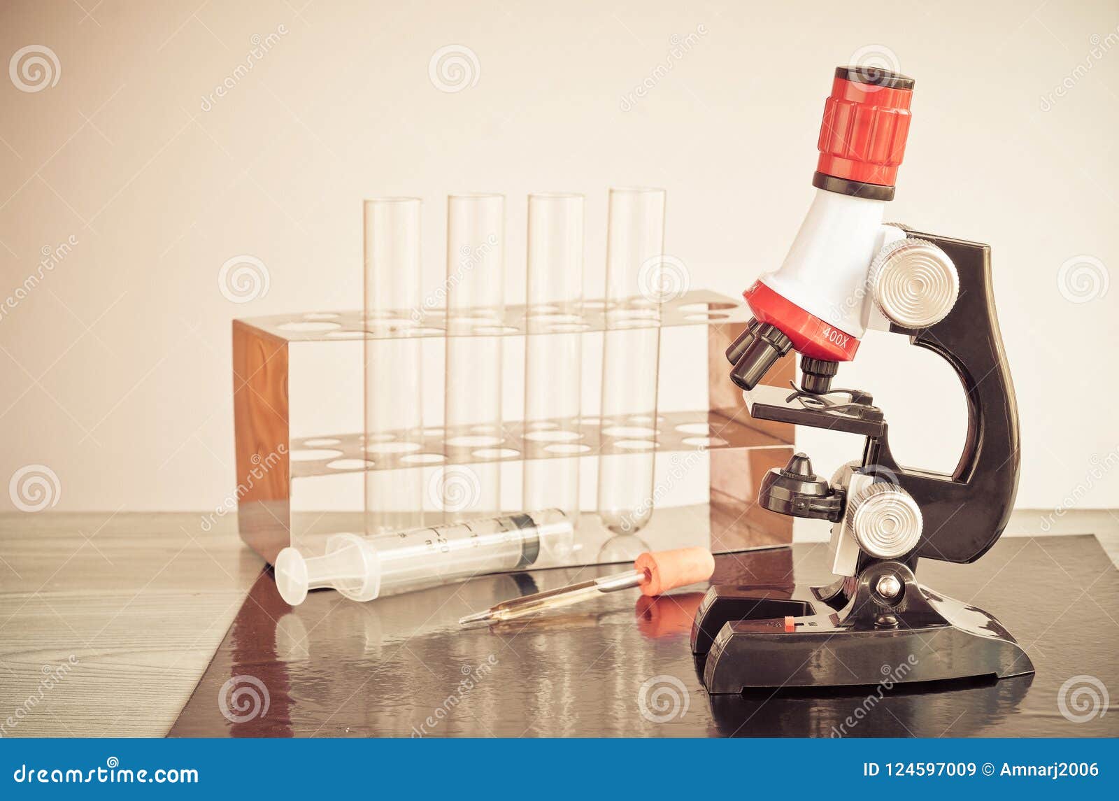 Microscope and Laboratory Test Tube on Light Blue Background , S Stock ...