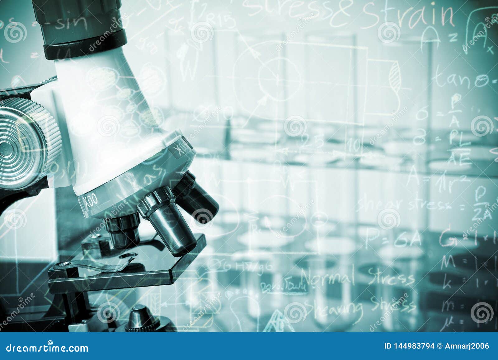 Microscope and Laboratory Test Tube on Light Blue Background , Science ...