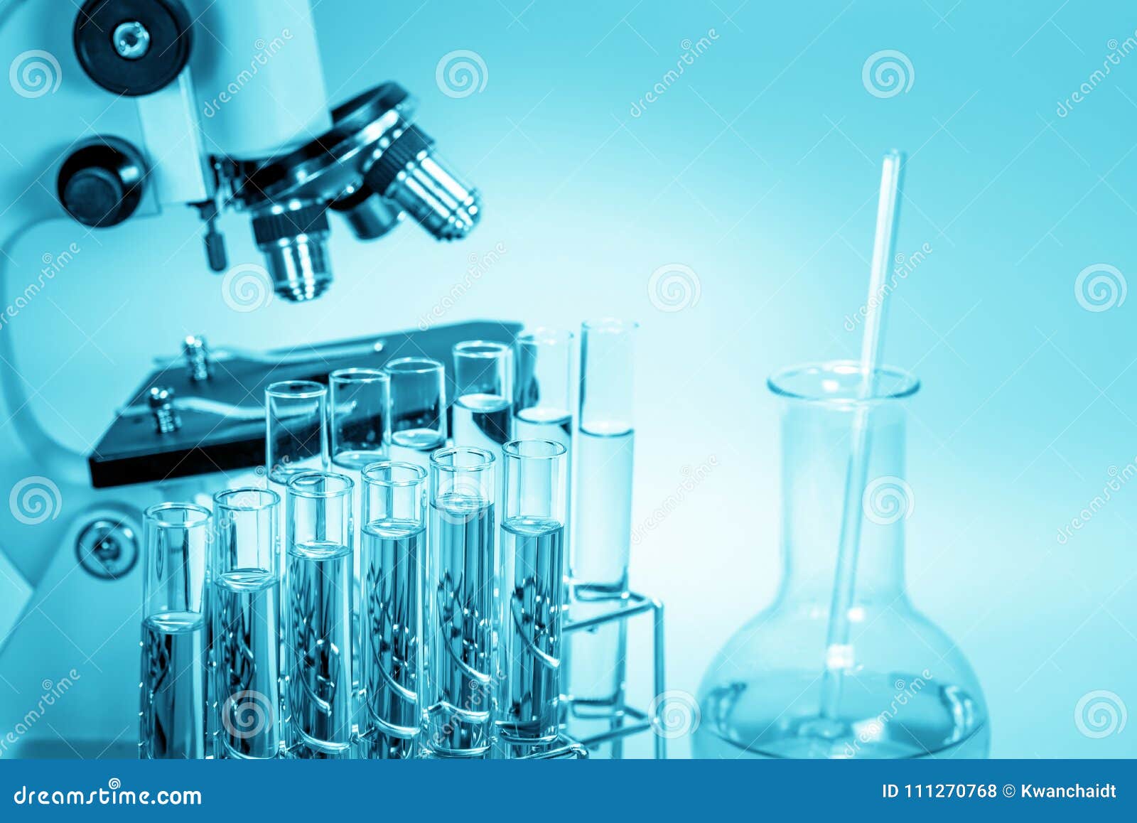 Microscope and Laboratory Test Tube on Light Blue Background , S Stock ...