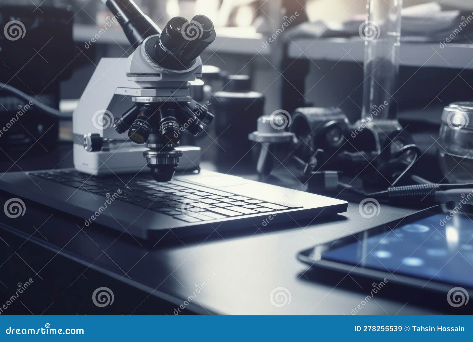 Microscope and Laptop Computer on Laboratory Desk, AI Generative Stock ...