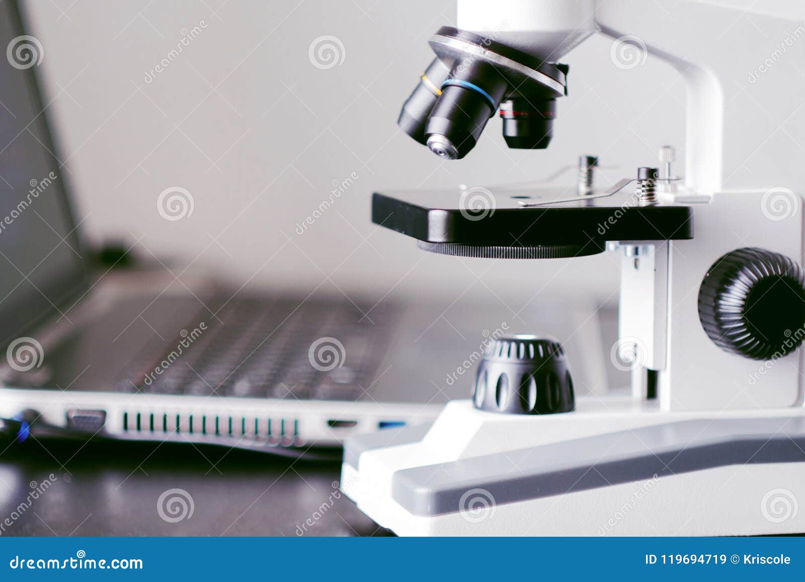 Microscope and Laptop on Table. Chemical Research, Student Work in ...