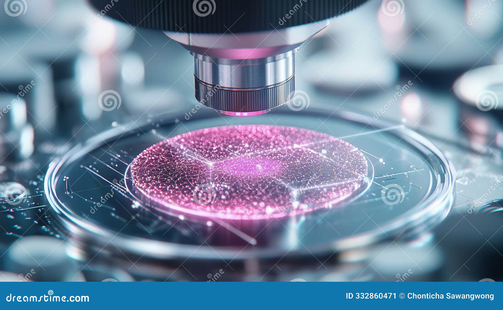 A Microscope Lens Focused on a Glowing Pink Sample in a Petri Dish ...