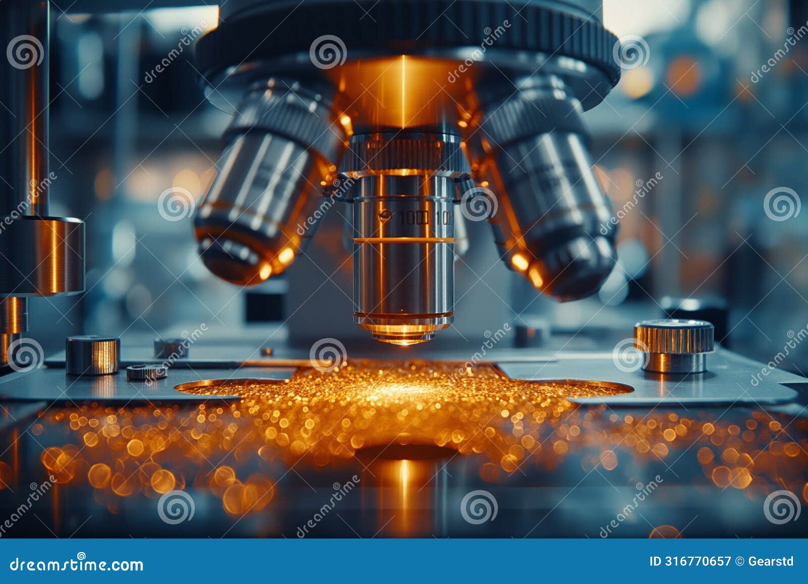 Microscope Lenses with Golden Samples Underneath Stock Image - Image of ...