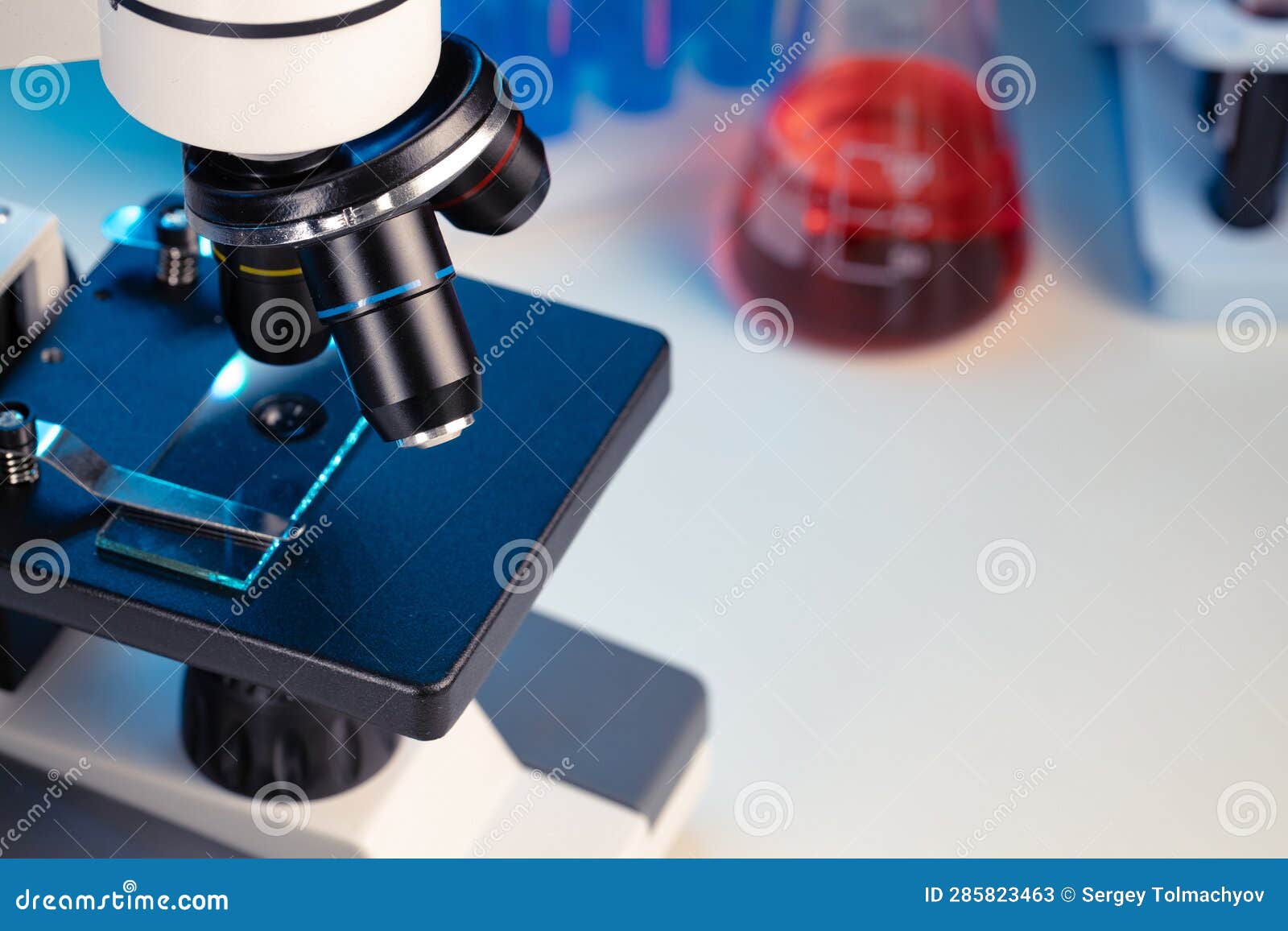 Microscope Lenses on a Laboratory Desk Close Up. Laboratory Equipment ...