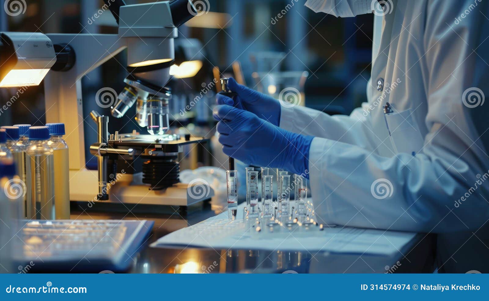 Microscope is Looking at Bottles of Liquid in a Laboratory. High ...