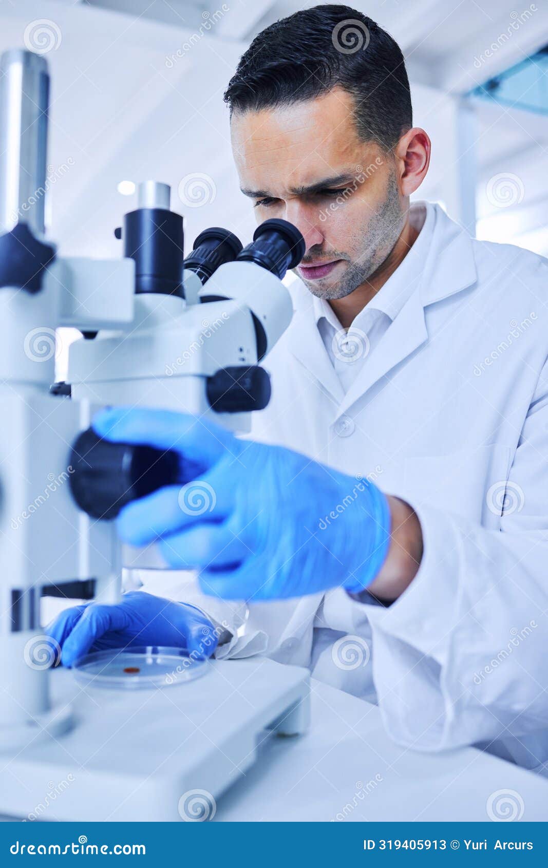 Microscope, Man and Scientist with Research for Bacteria, Tech and Lab ...