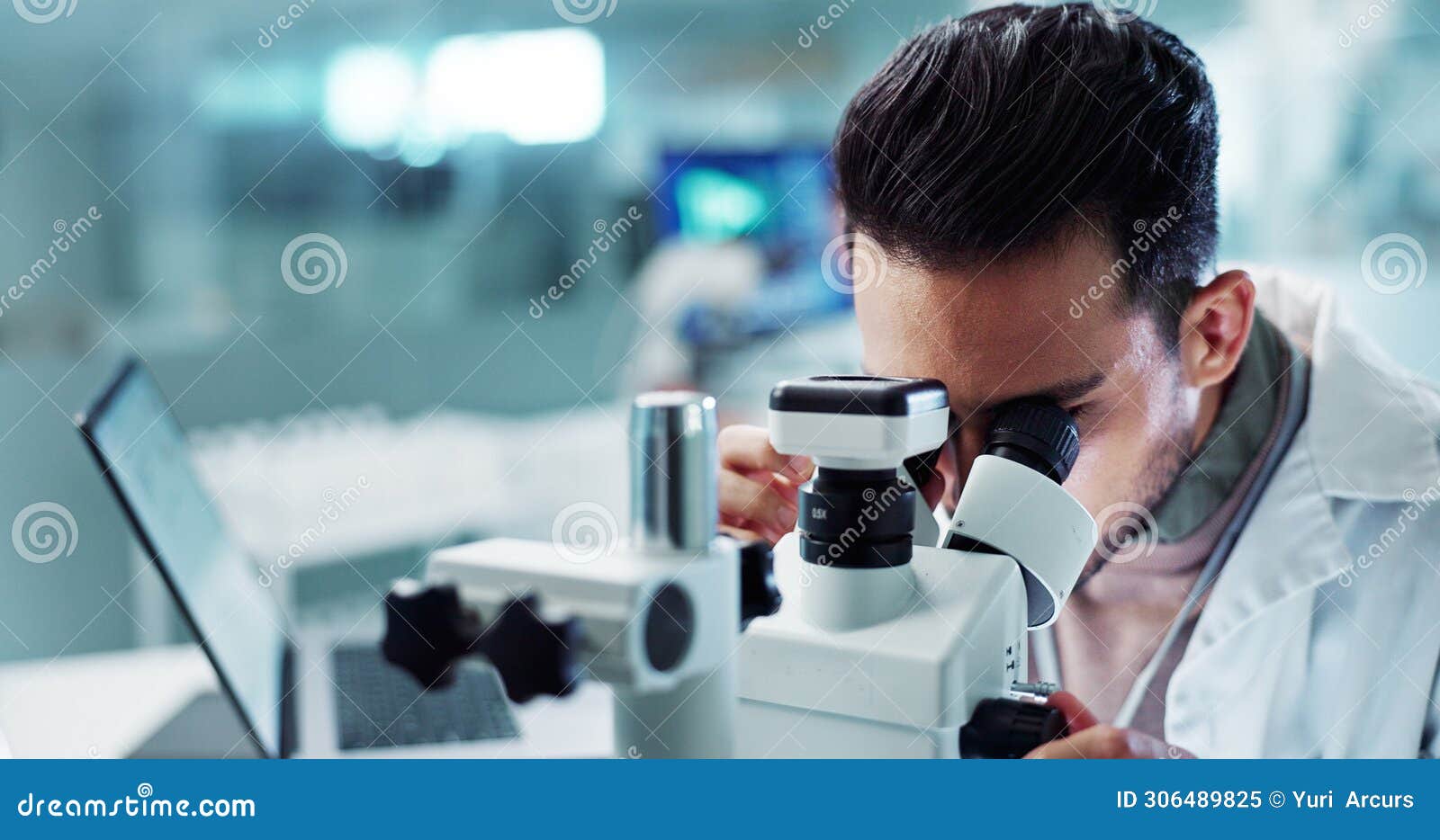 Microscope, Man or Scientist in Research Laboratory for Medical Test or ...