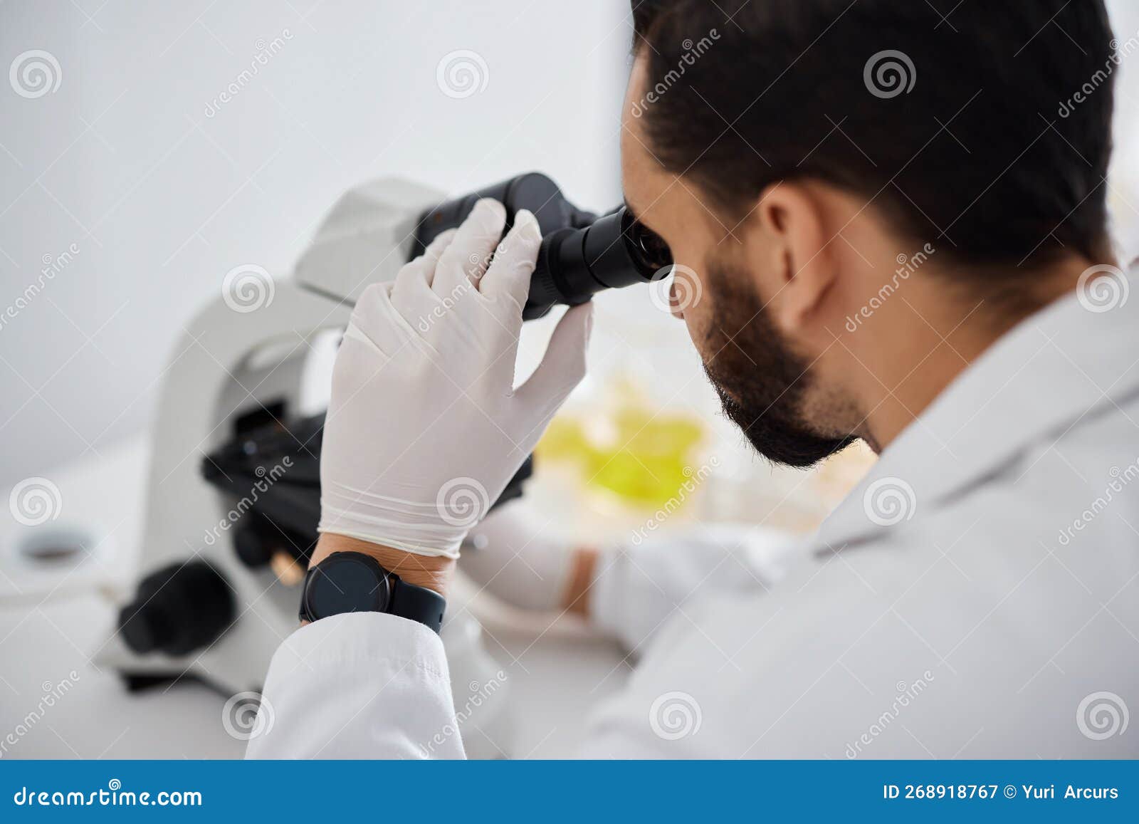 Microscope, Medical and Research with a Man at Work in a Laboratory for ...